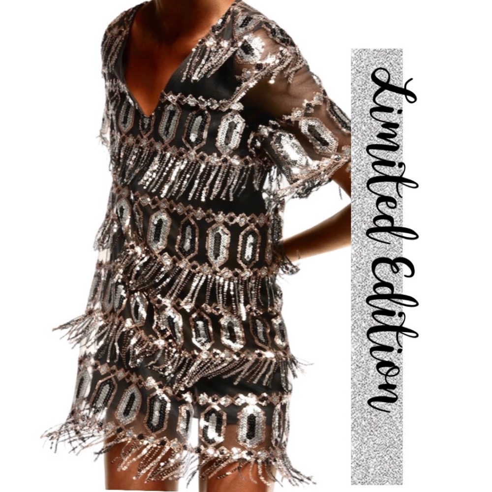 Zara Metallic Sequin Fringe Cocktail Shift Dress Xs B… - Gem